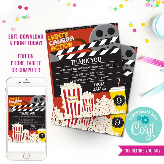 Movie Night Thank You Cards - Movie Party Favor Cards - Movie Night ...