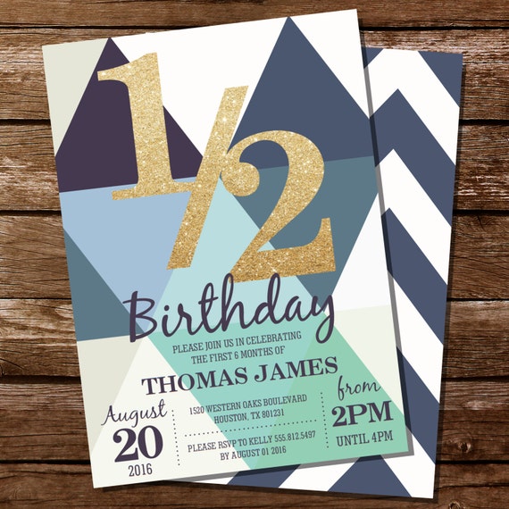 Half Birthday Invitation - Geometric Blue Invitation - Blue Chevron ...