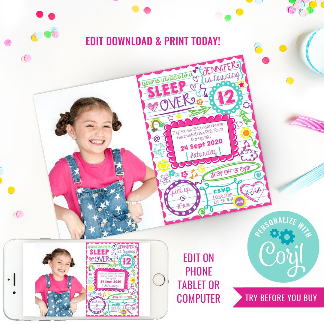 Girls Slumber Party Invitation Sleepover Invite Tween Girls Slumber ...