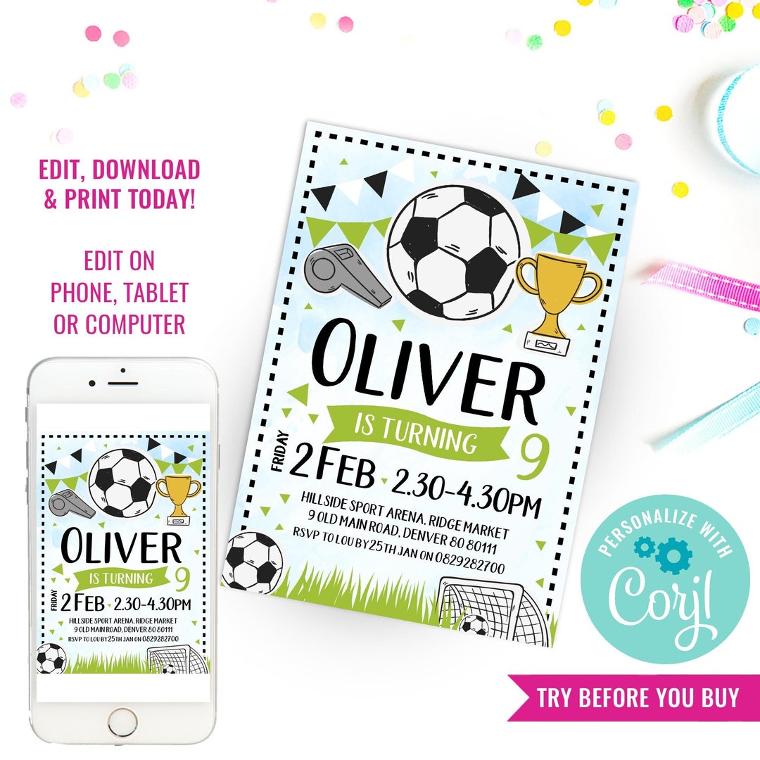 Soccer Party Invitation for Boys Soccer Ball Invitation DIY Boys ...
