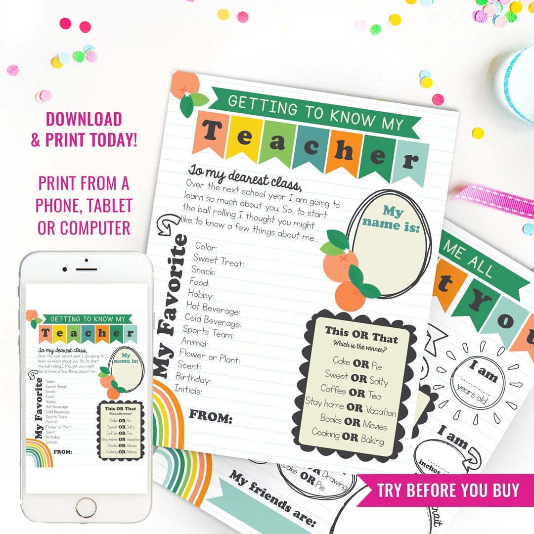 Favorites Teacher Survey Printable Back to School Questionnaire for ...