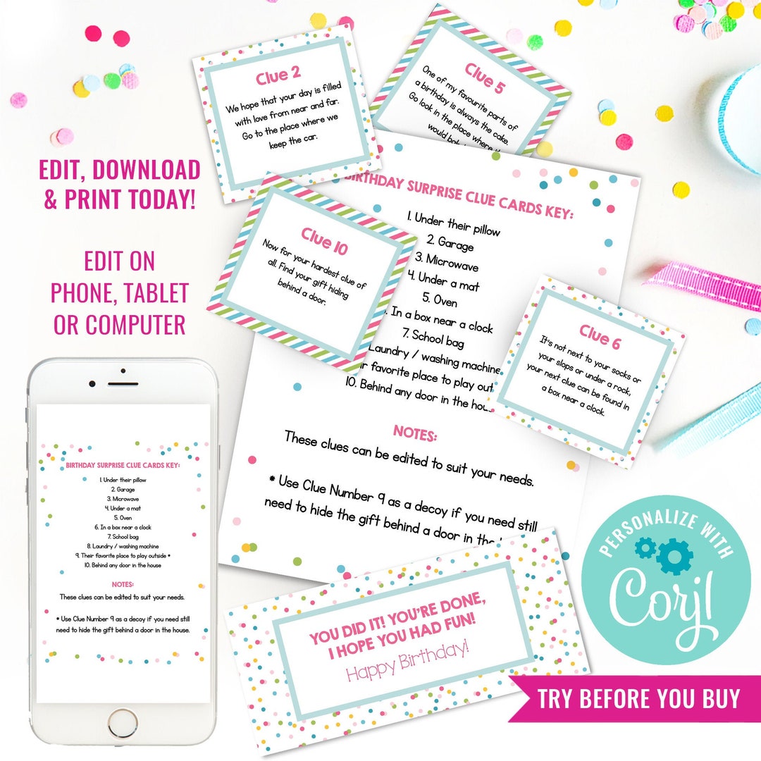 Girls Birthday Party Surprise Birthday Cards Birthday Activity Cards ...