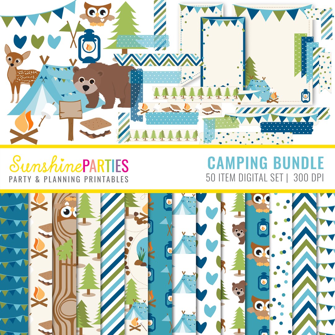 Boys Camping Digital Paper Set Digital Paper Bundle, Tags, Washi Tape ...