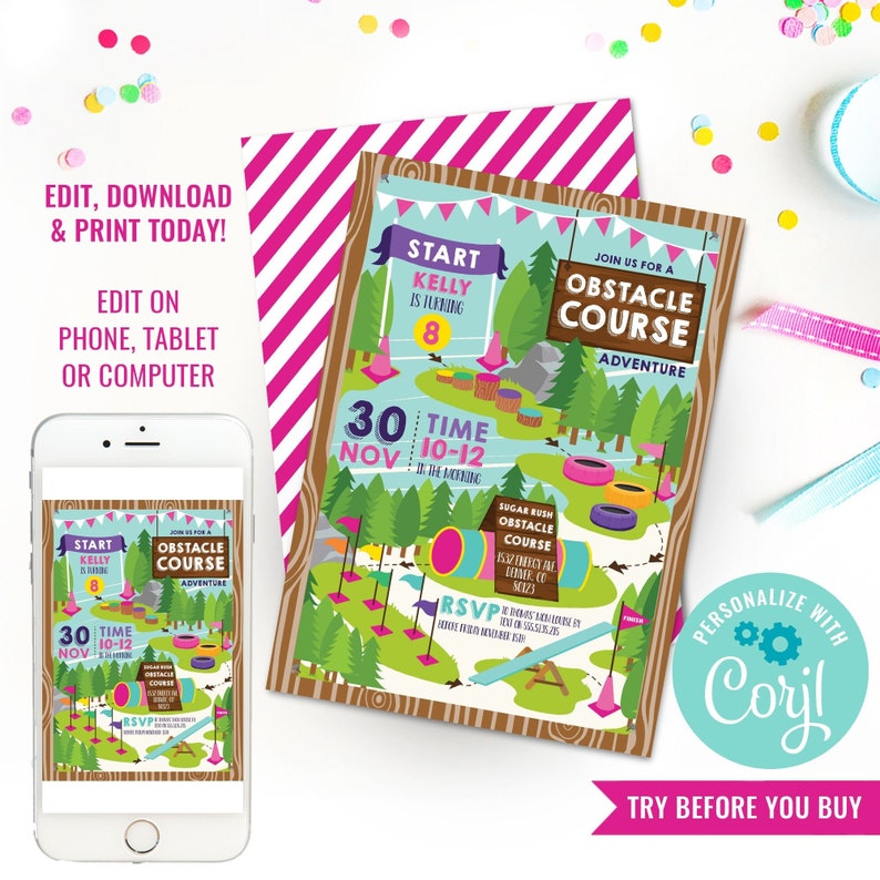 Girl Birthday Party Obstacle Course Invitation Girls Activity Party ...