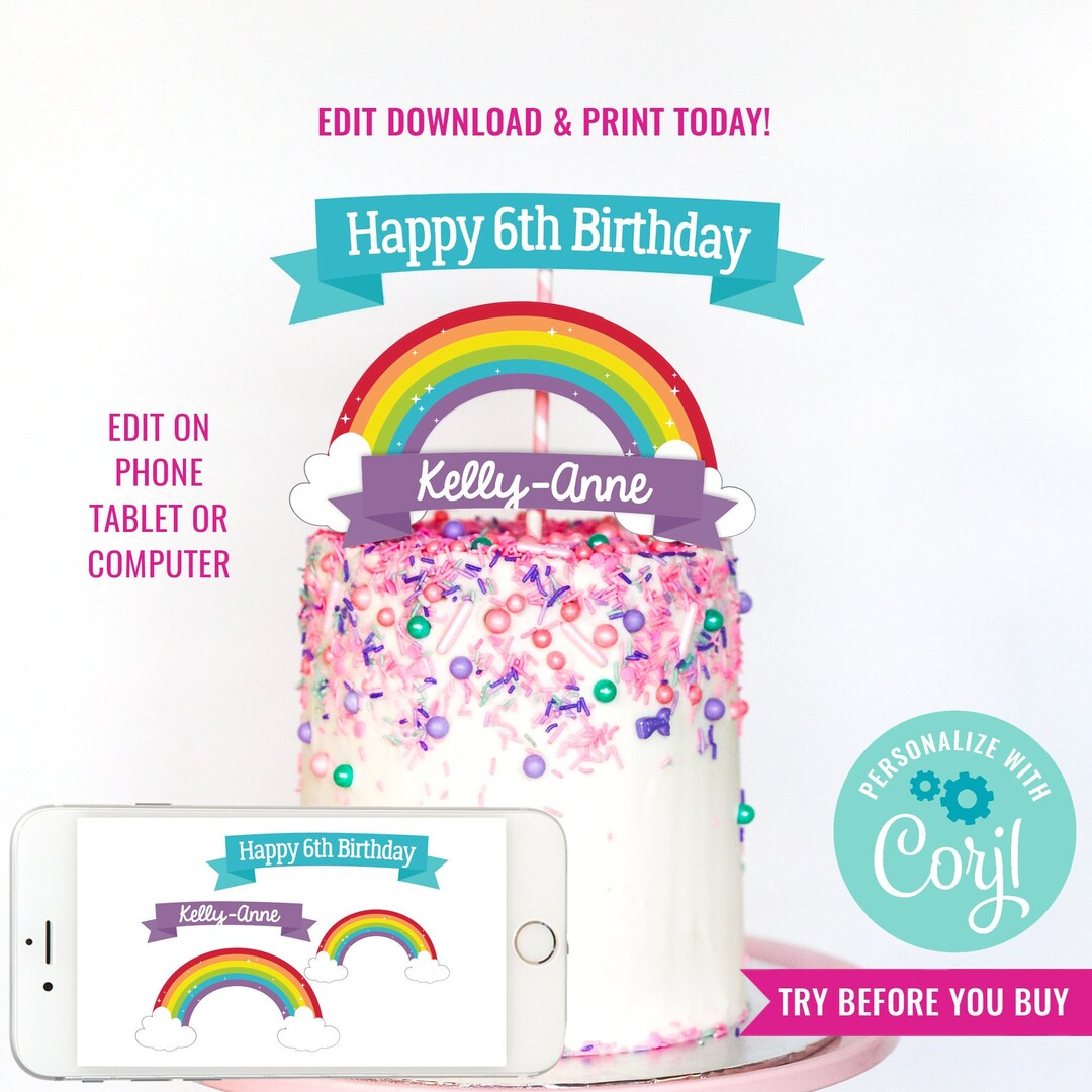 Rainbow Party Cake Topper Pink Rainbow Party Cake Topper Modern Rainbow ...