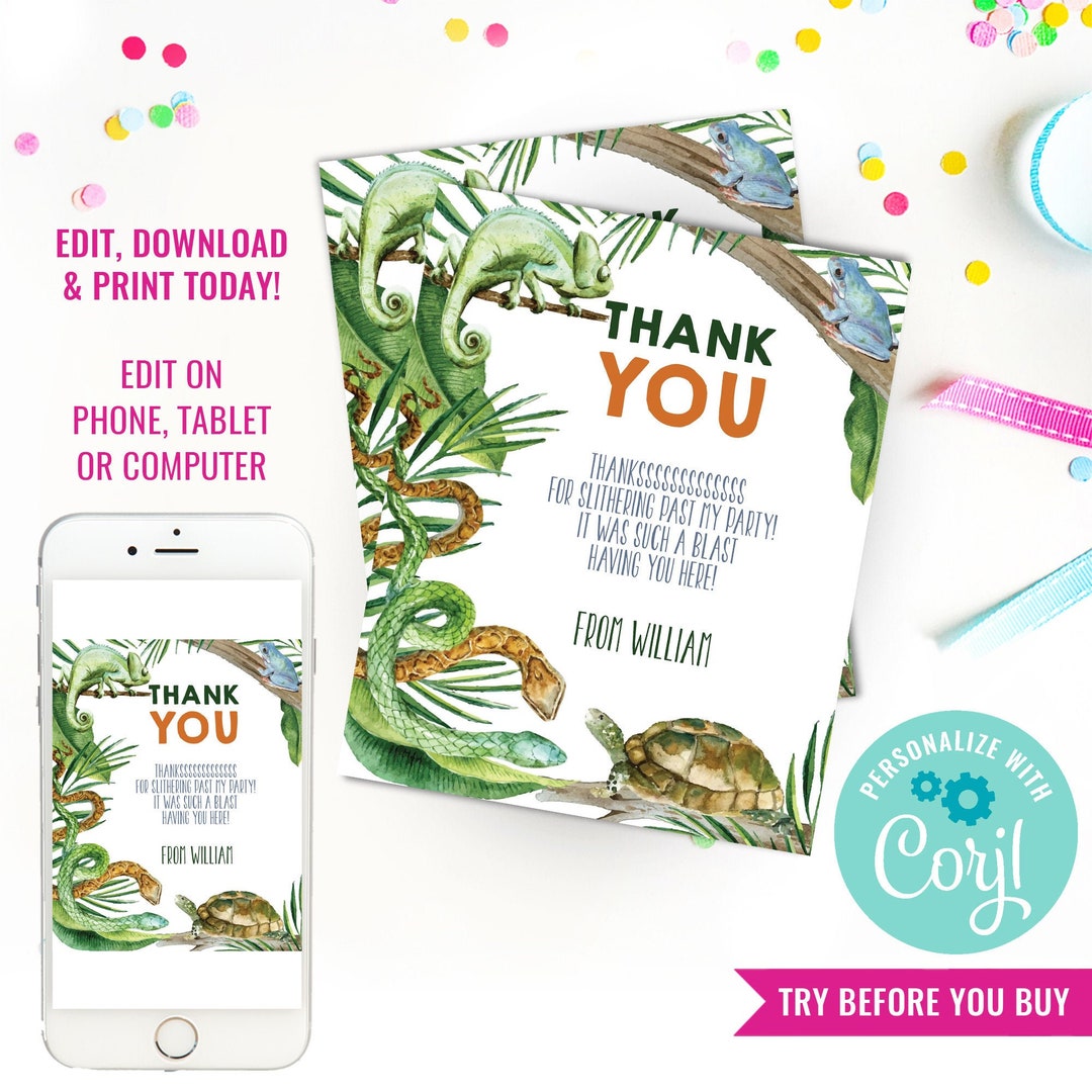 Boy Birthday Party Reptile Thank You Cards Reptile Favors Reptile Party ...