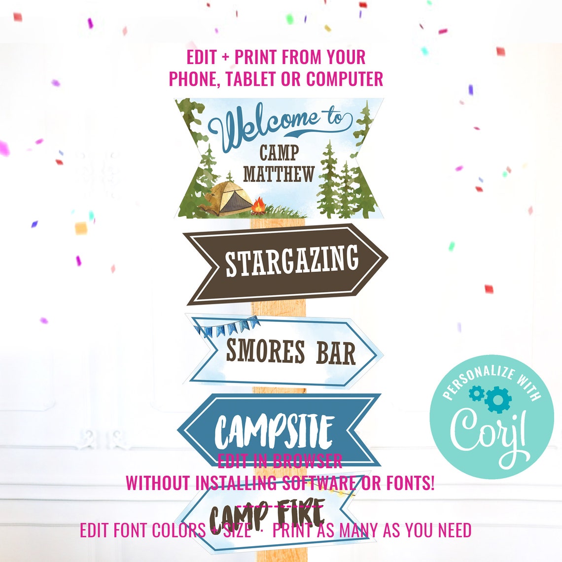Camping Party Watercolor Directional Signs Welcome Sign - Etsy