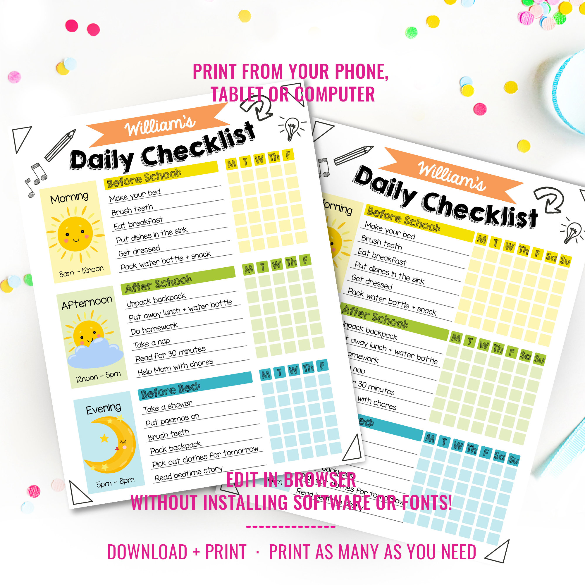 Kids Daily School Checklist Schedule Printable Editable Chore Chart ...
