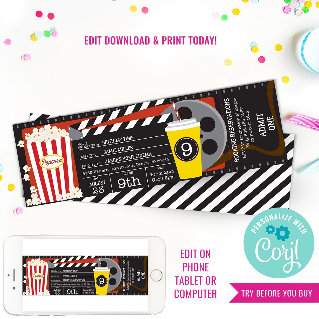 Kids Birthday Party Theme Movie Party Invite Movie Ticket Invitation ...