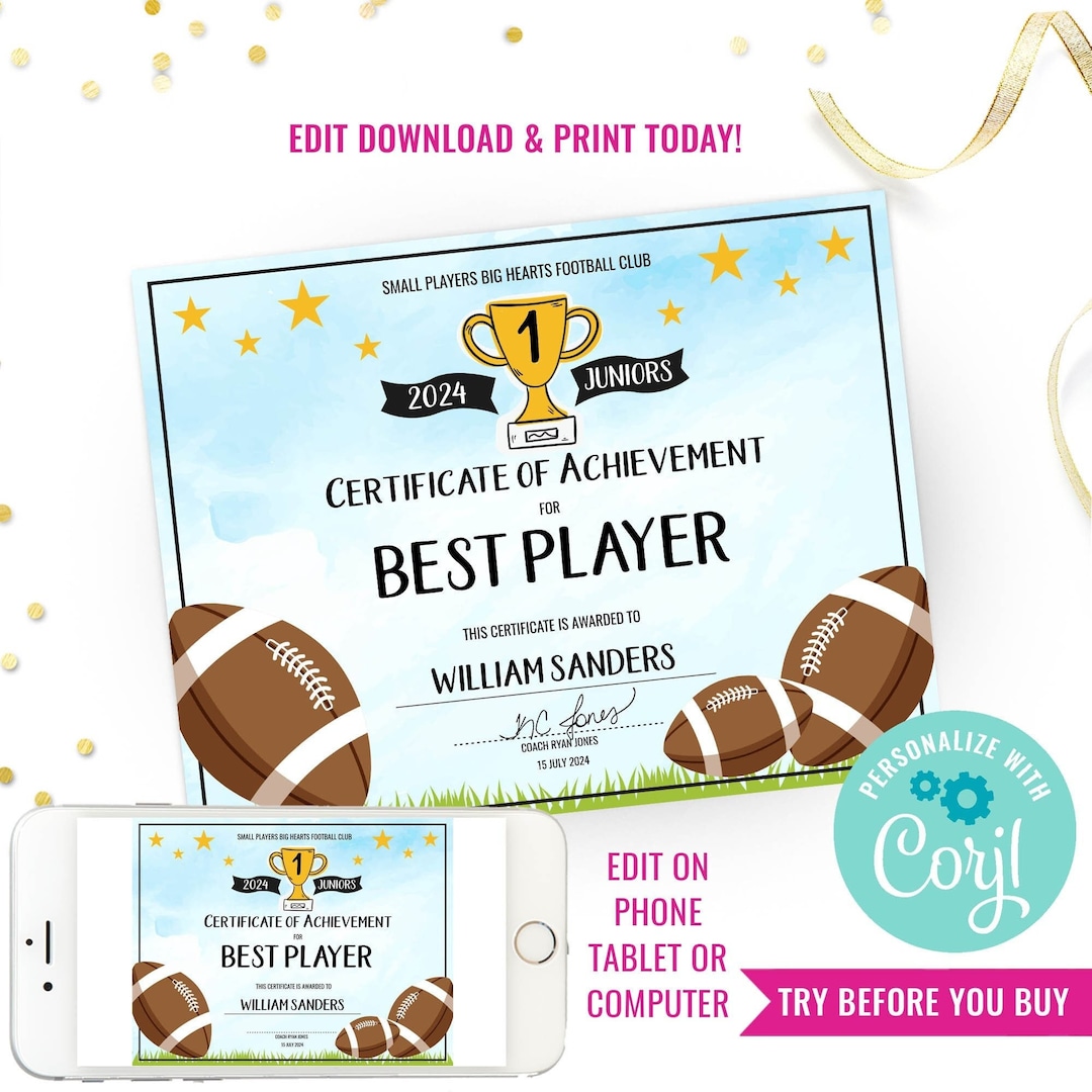 Football Printable Award Certificate American Football Party Printable ...