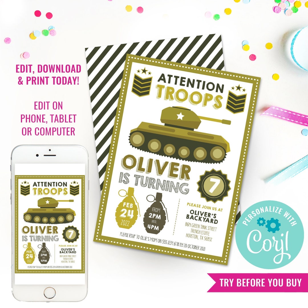 Boy Birthday Party Army Tank Invitation Boy Army Party Invitation ...