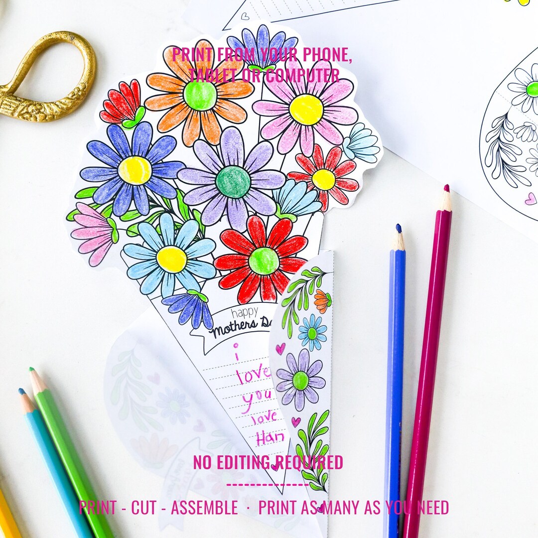 Mothers Day Coloring-in Flower Bouquet Card - Gift for Mom - Mothers ...