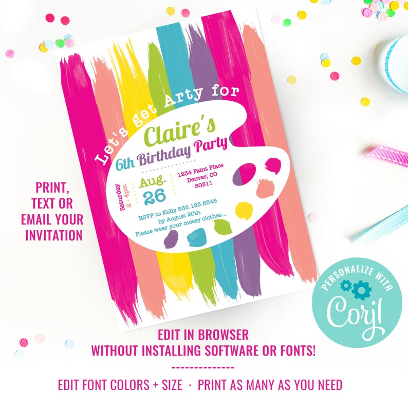 Girls Birthday Art Party Invitation Rainbow Art Party Invite Arty Party ...