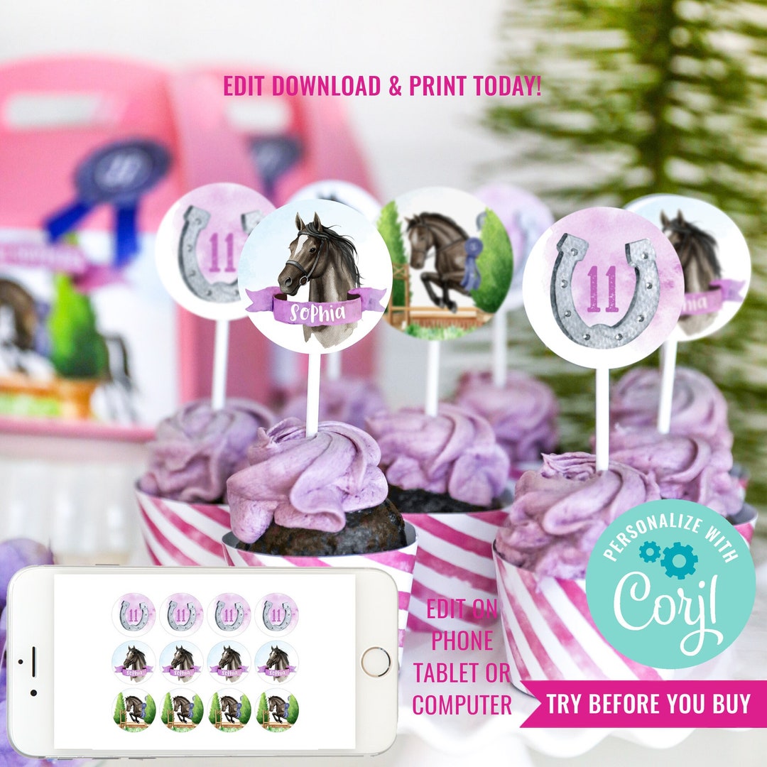 Girl Birthday Party Horse Show Jumping Party Cupcake Toppers and ...
