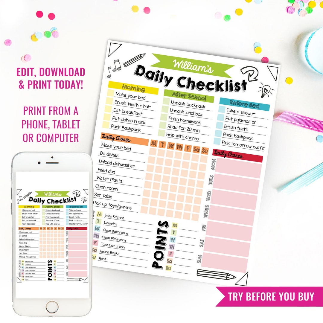 Kids Daily School Checklist Schedule Printable Custom Chore Chart ...