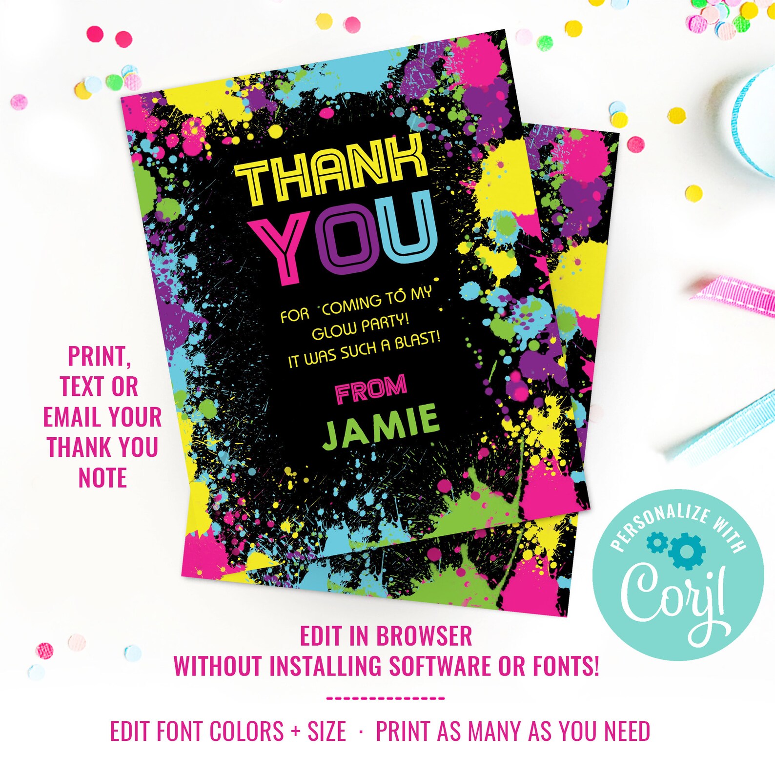 Neon Glow Party Thank You Cards Instantly Downloadable and - Etsy