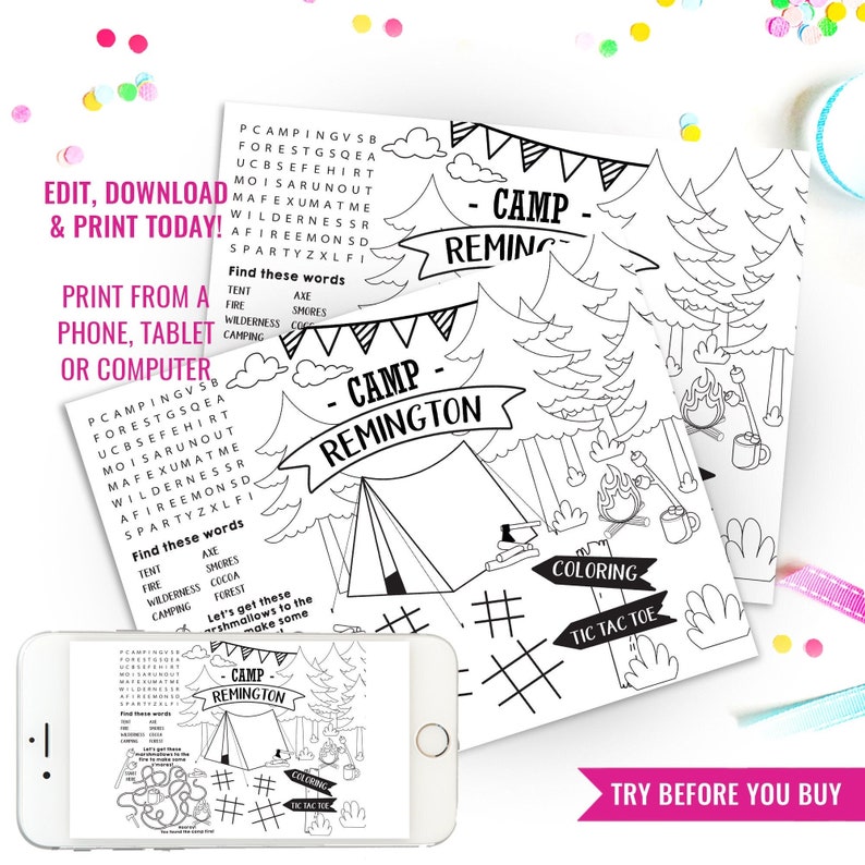 Printable Camping Coloring Custom Placemat DIY Camp Out Party Summer ...