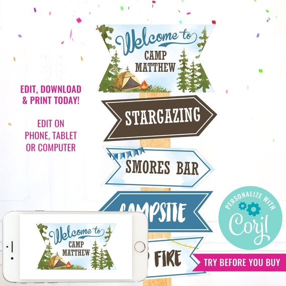 Camping Party Watercolor Directional Signs Welcome Sign - Etsy
