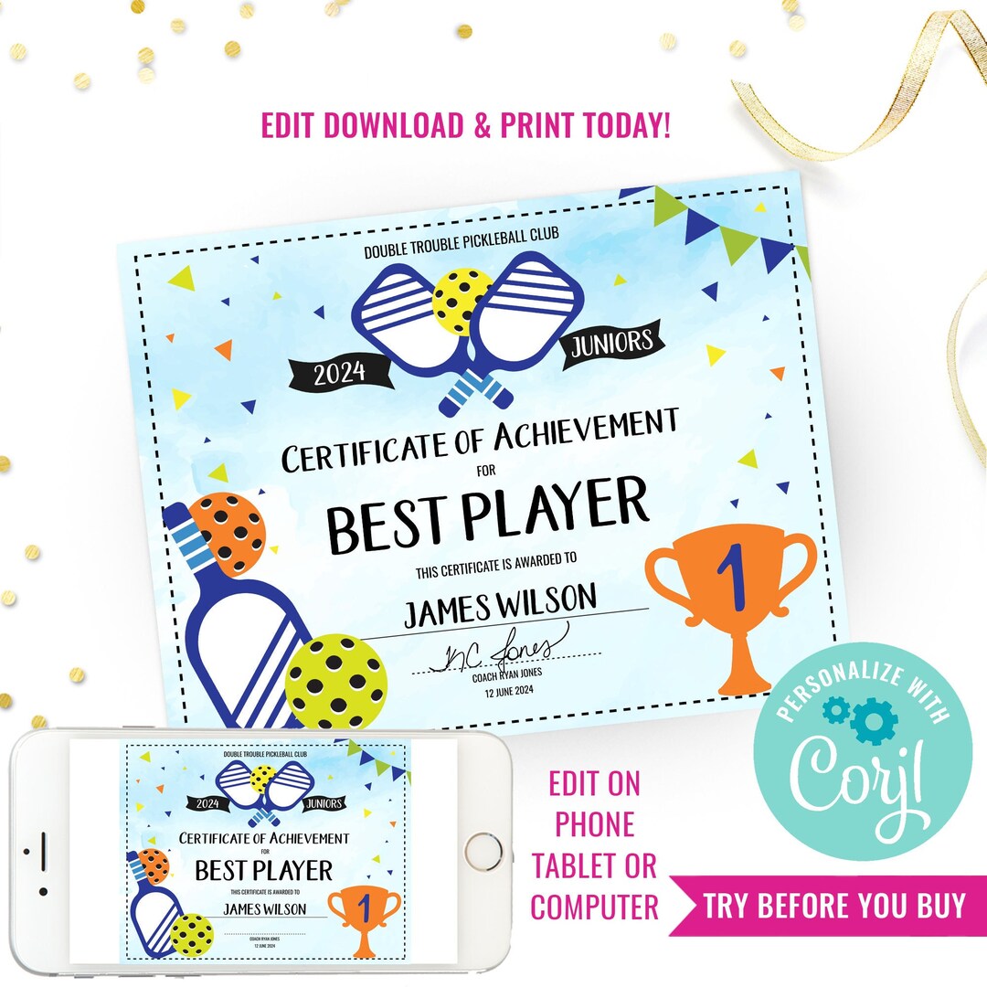 Pickleball Award Certificate Printable Pickleball Award Printable ...