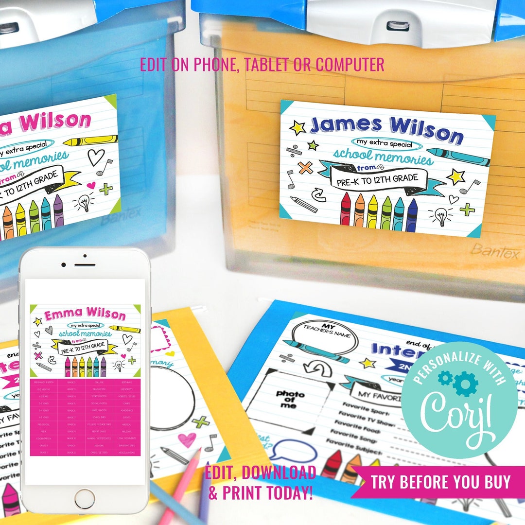 Back to School Organization Custom School Memory Box Printable Kit ...