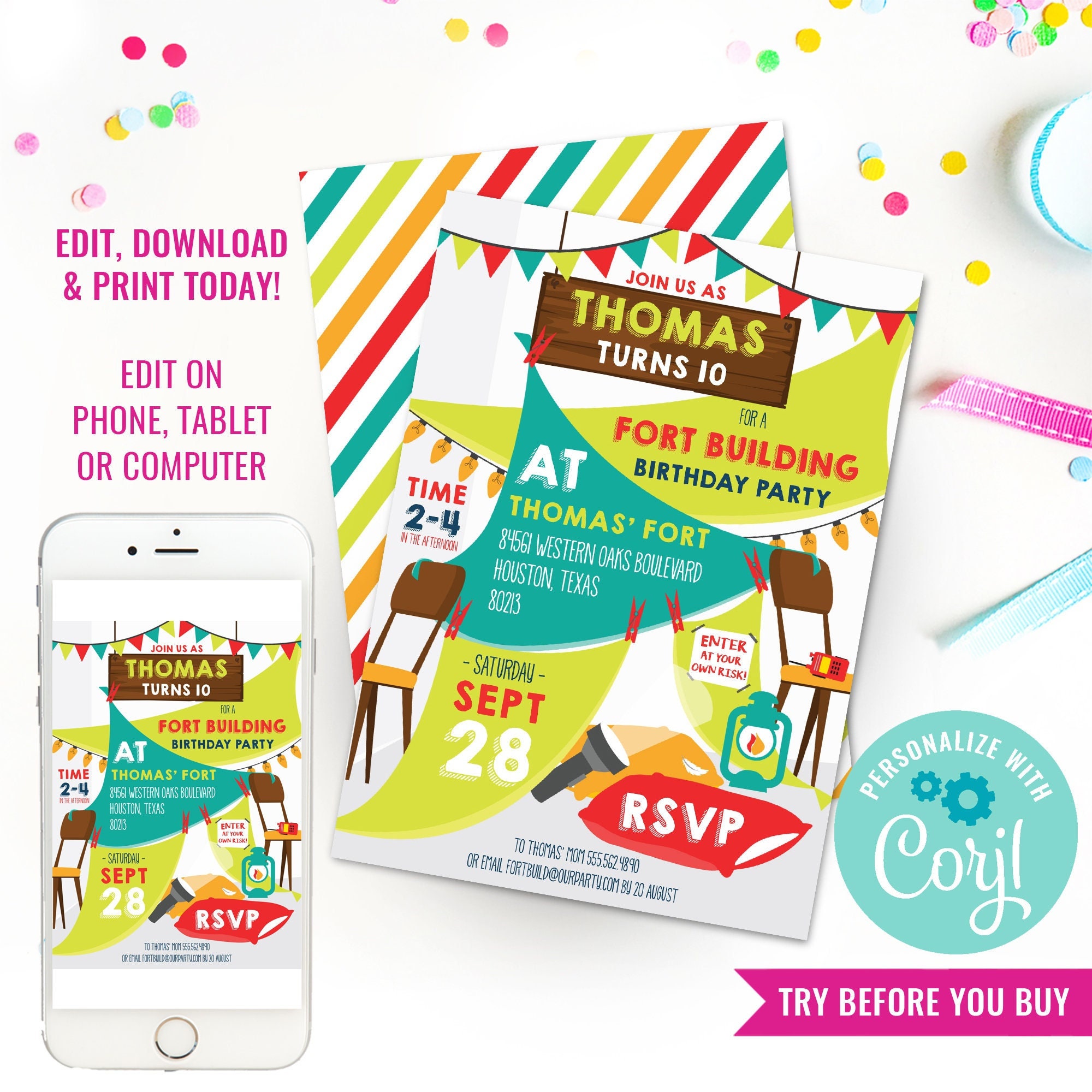 Boy Birthday Party Fort Building Party Invitation Build A Fort Party ...