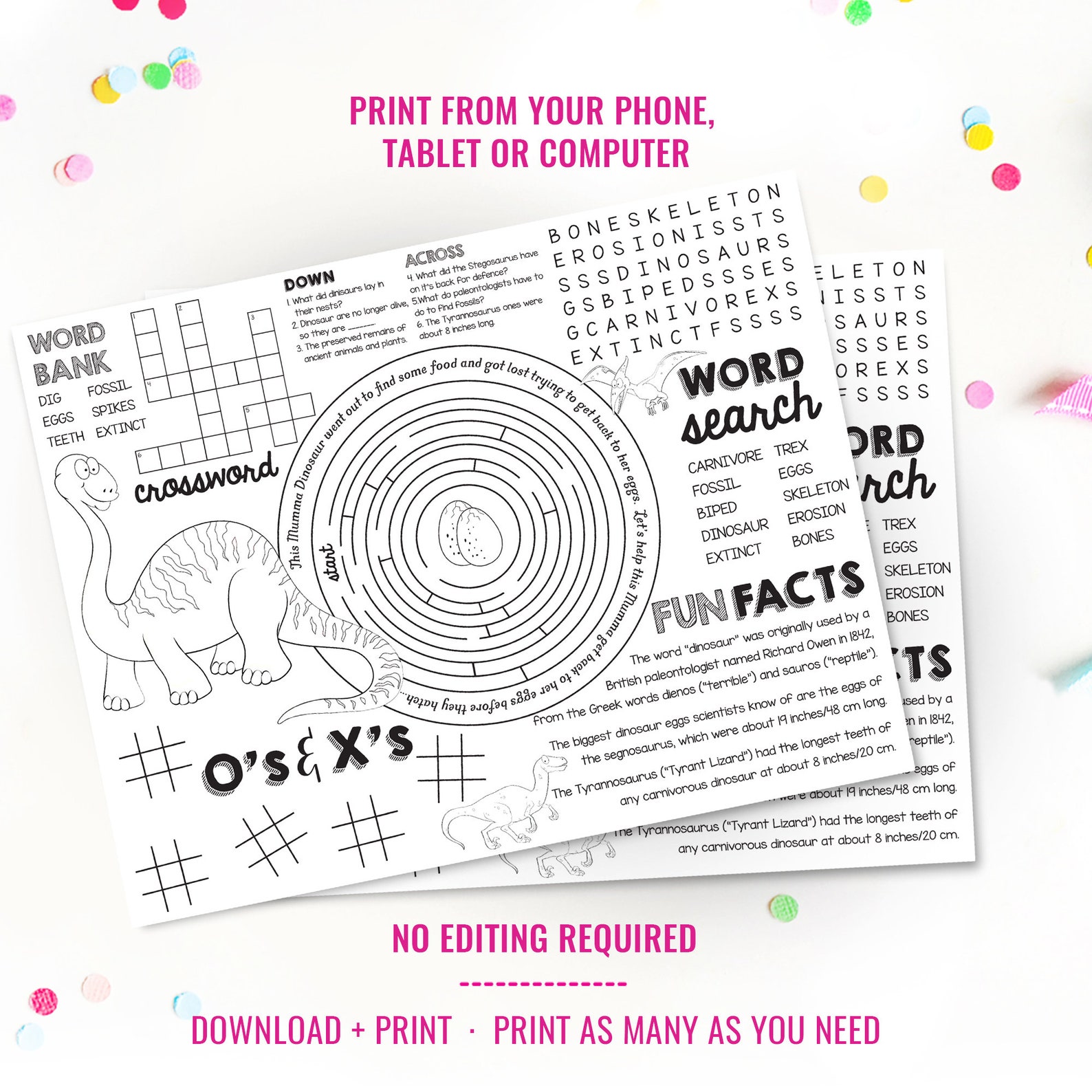 Dinosaur Printable Activity Sheets Set Dinosaur Games DIY | Etsy