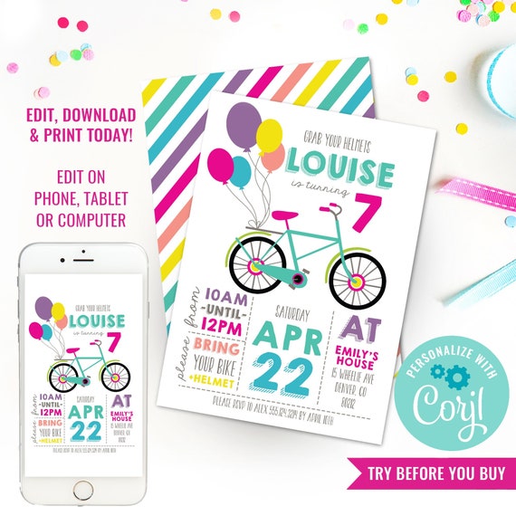 Rainbow Bicycle Birthday Party Invitation - Vintage Bike Birthday ...
