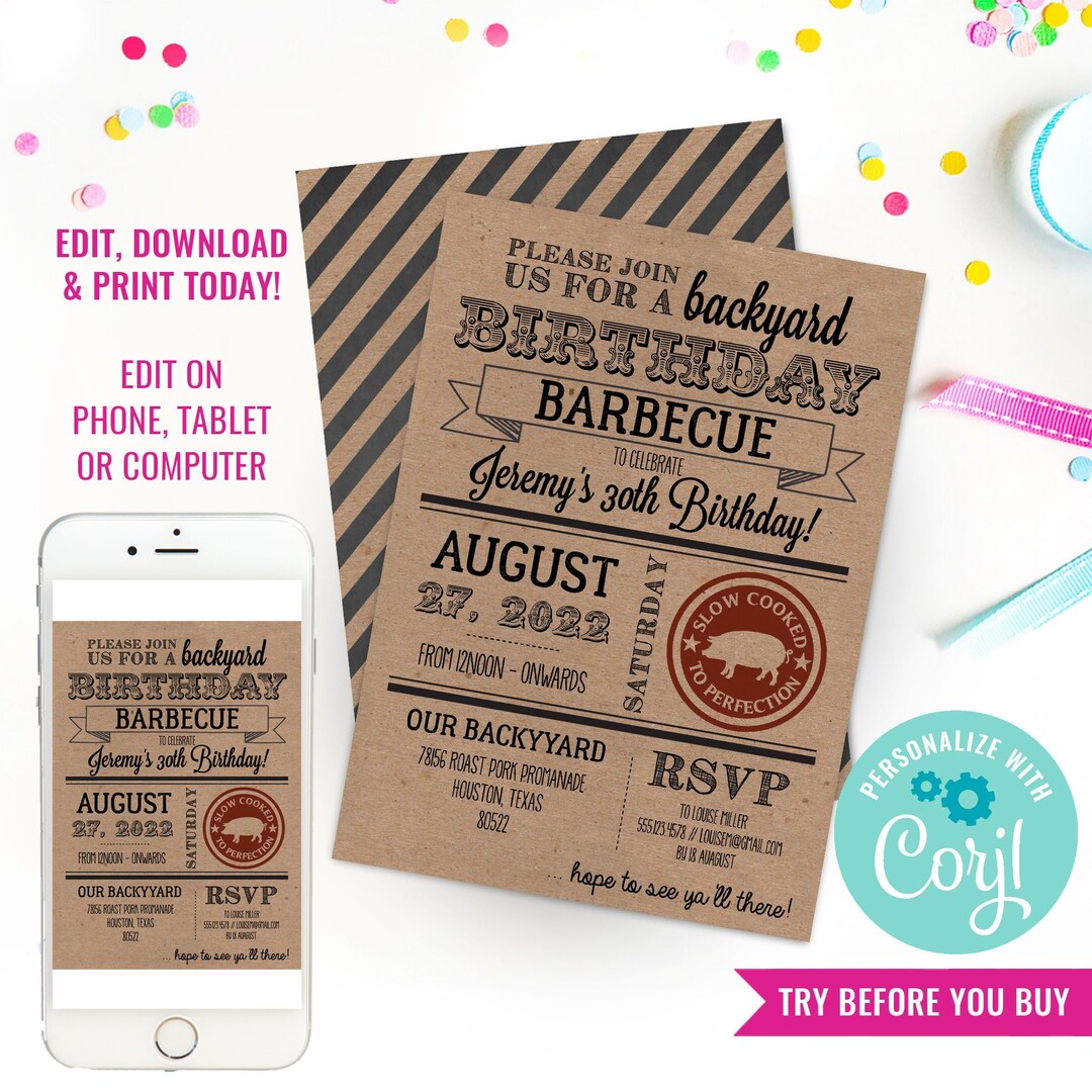 Birthday BBQ Invitation Kraft Paper Summer BBQ Invite Summer Barbecue ...