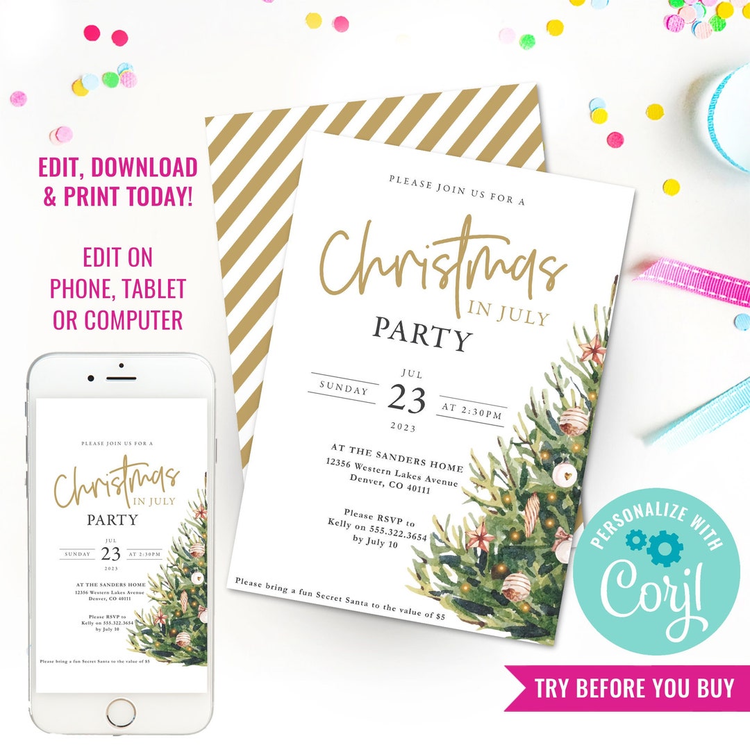 Christmas in July Party Invitation Christmas Watercolor Invitation ...