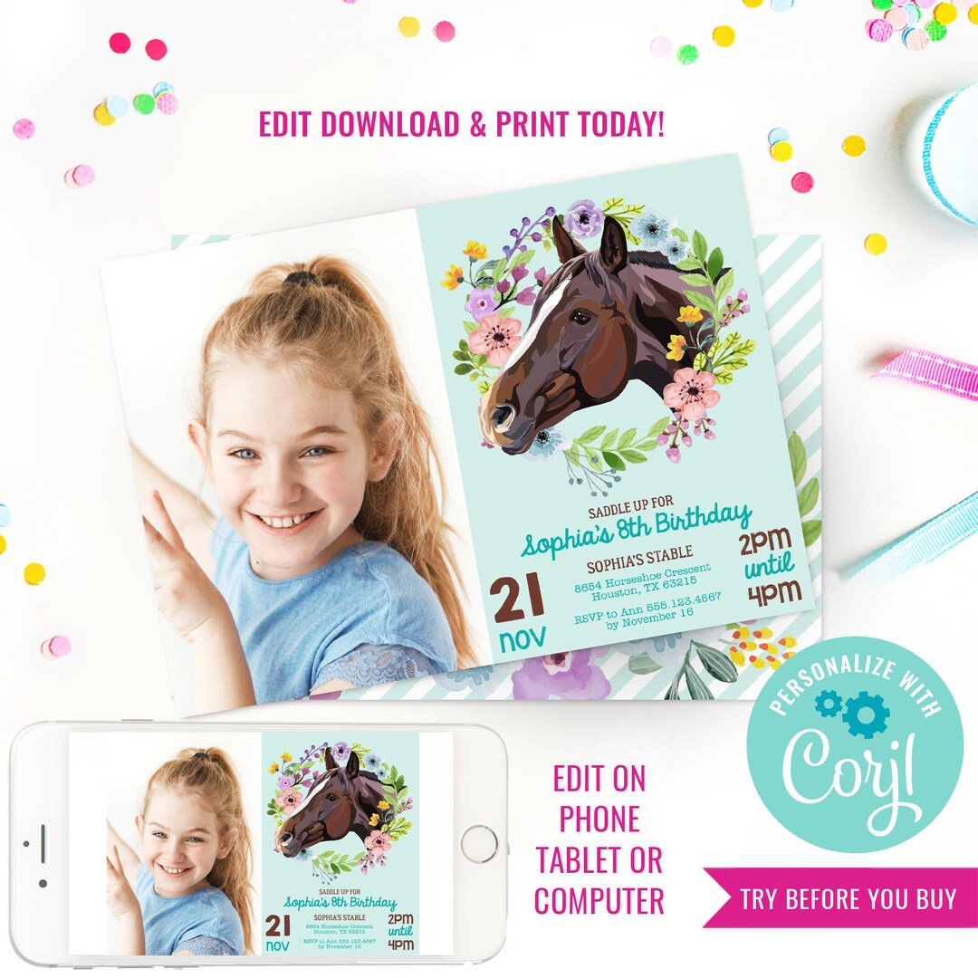 Girls Horse Party Invitation Horse Birthday Party Picture Invite ...