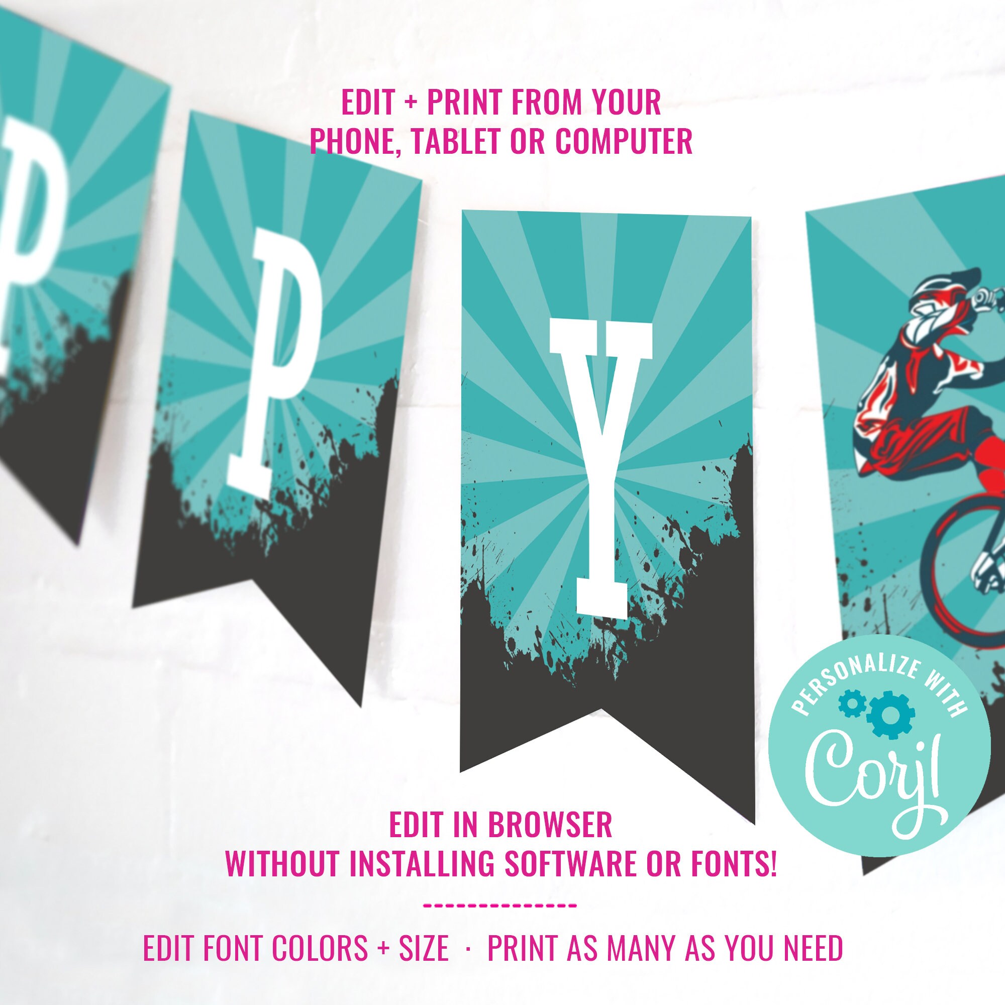 Boy Birthday Party BMX Bike Birthday Banner Mountain Bike Happy ...
