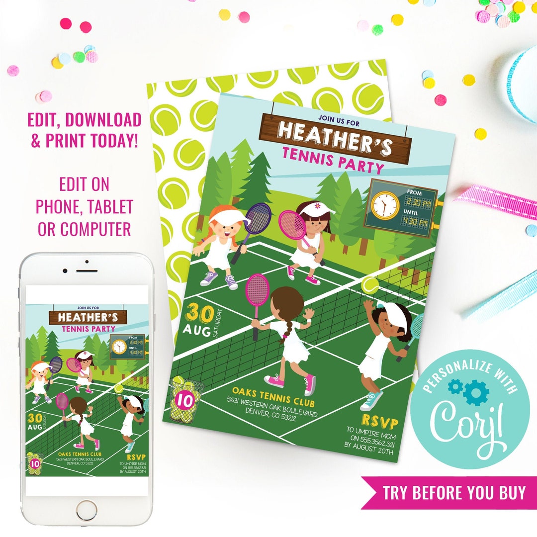 Girl Birthday Party Tennis Invitation Girls Wimbledon Party Invite Kids ...