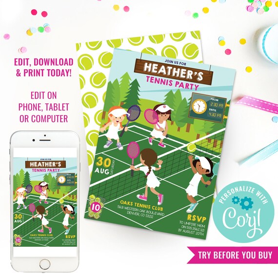Tennis Party Invitation - Girls Wimbledon Party Invitation - Kids ...