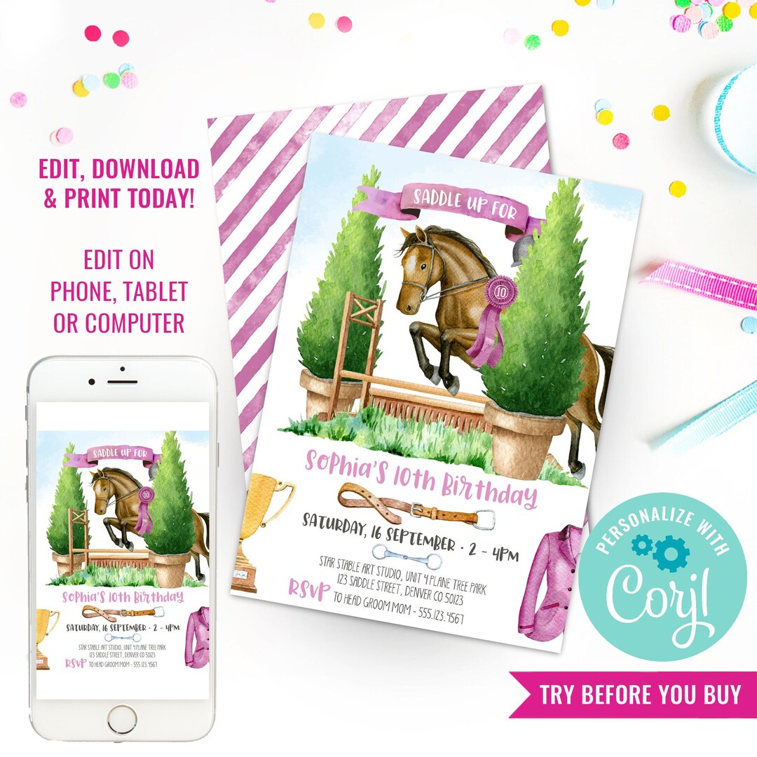 Girl Birthday Party Pink Horse Show Jumping Party Invite Horse Birthday ...