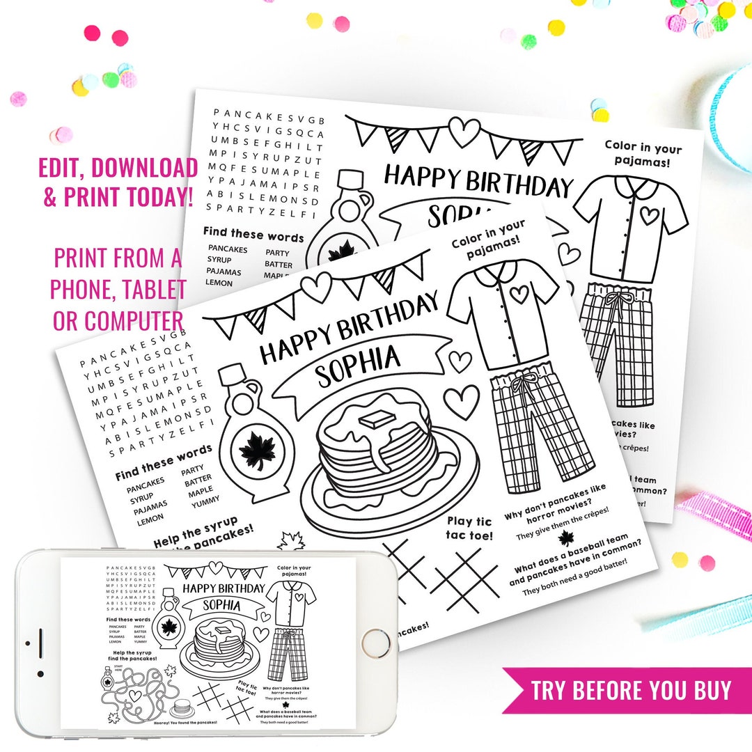 Printable Pancakes and Pajamas Coloring Custom Placemat Pancake Party ...