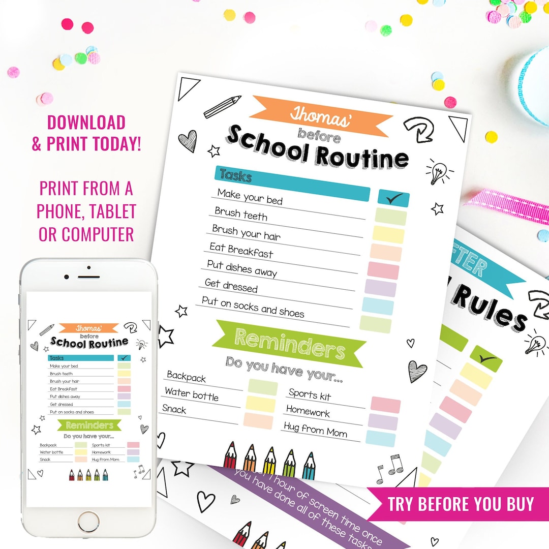 Kids Daily School Routine Checklist Printable Editable Chore Chart ...