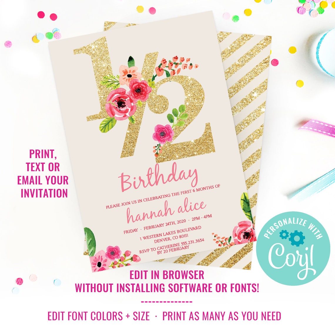 Half Birthday Party Invitation Gold Glitter Floral Watercolor 1/2 ...