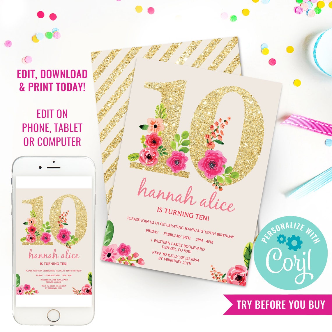 Girls Birthday Party Invite 10th Birthday Invitation Gold Glitter ...