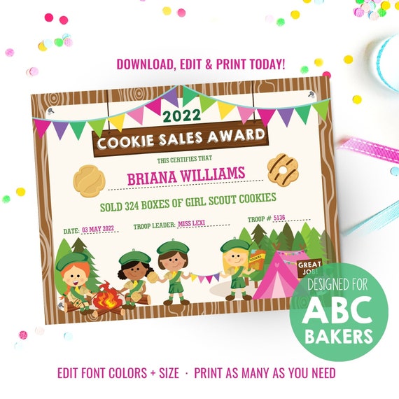 Girl Scout Cookie Seller Certificate - Girl Scout Cookie Award - Girl ...