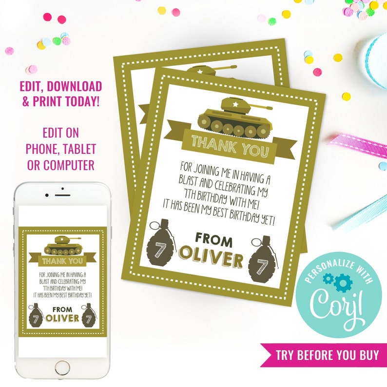 Army Tank Birthday Party Thank You Card for a Boy Army Party - Etsy