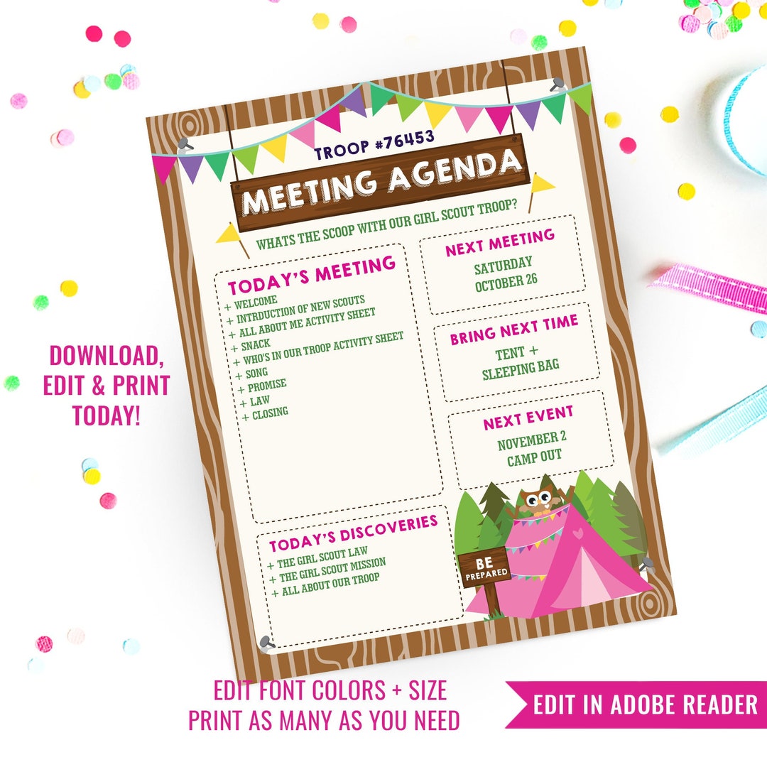 Girl Scout Meeting Agenda Printable - Editable Meeting Agenda - Girl ...