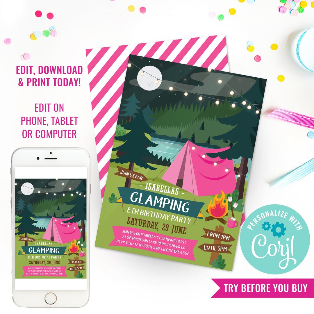 Girls Birthday Party Glamping Invitation Girls Camp Out Invite Glamping Party Girls Glamping ...