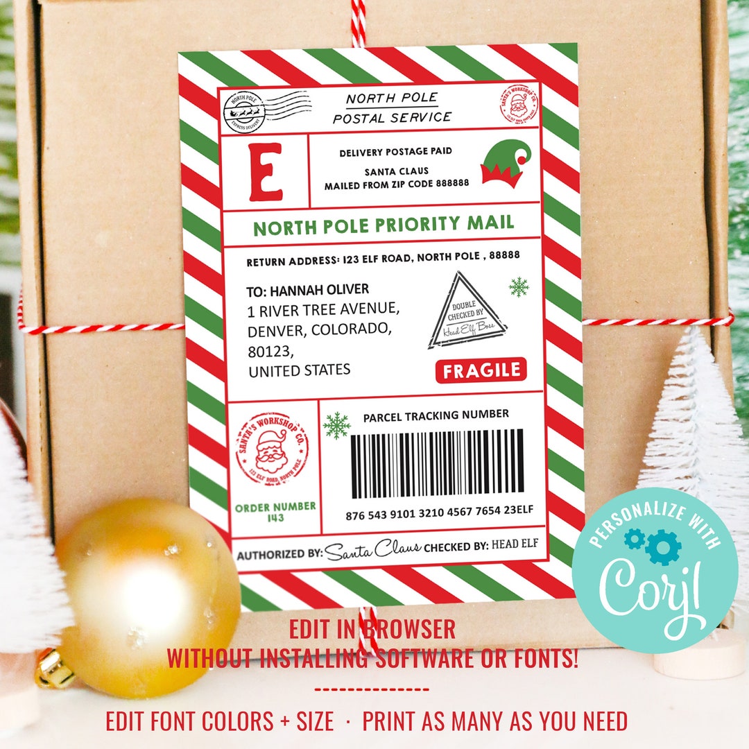 Christmas Elf Mail Shipping Label Custom Elf Mail Arrival Box Label DIY ...