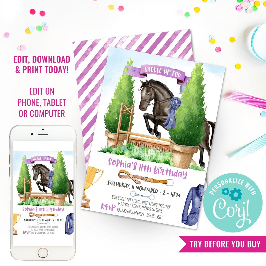 Girl Birthday Party Horse Show Jumping Invitation Watercolor Horse ...