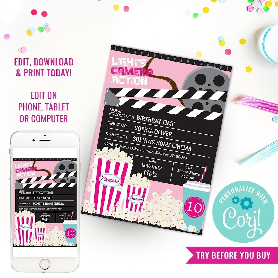 Girl Birthday Party Movie Invitation Girls Movie Night Party Invitation ...