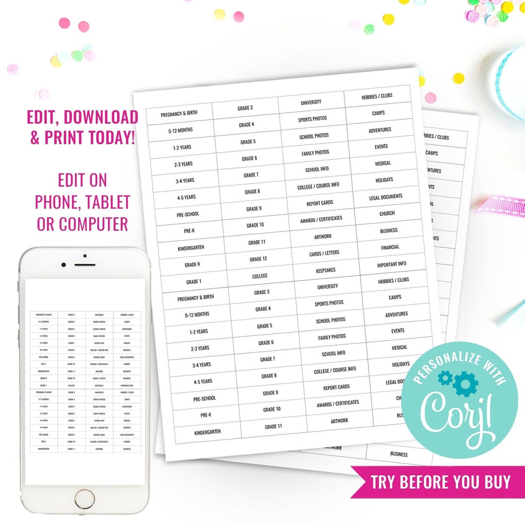 Printable Milestone Tote Labels School File Folder Labels Printable ...