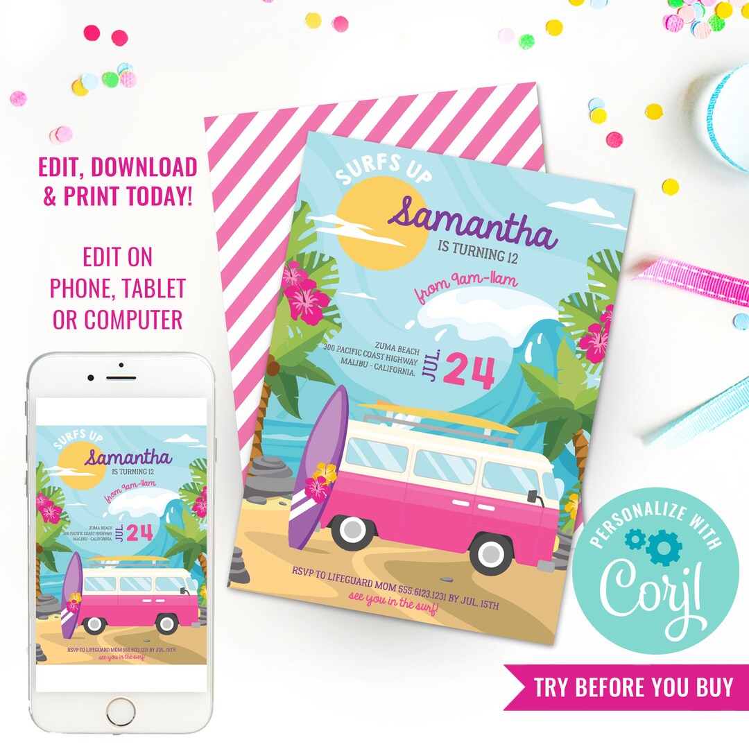 Surfing Birthday Party Invitation Girl Surfer Party Ocean - Etsy