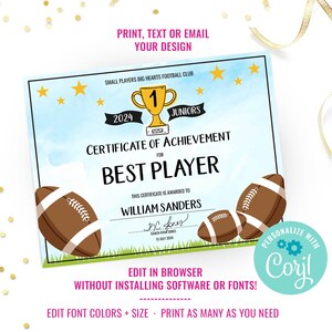 Football Printable Award Certificate American Football Party Printable ...