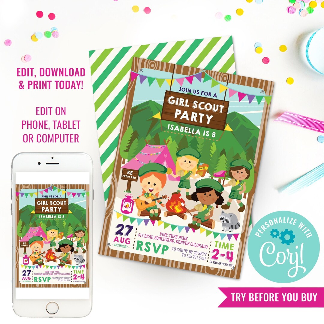 Girl Scout Party Invitation - Girl Scout Birthday Party - Camping ...