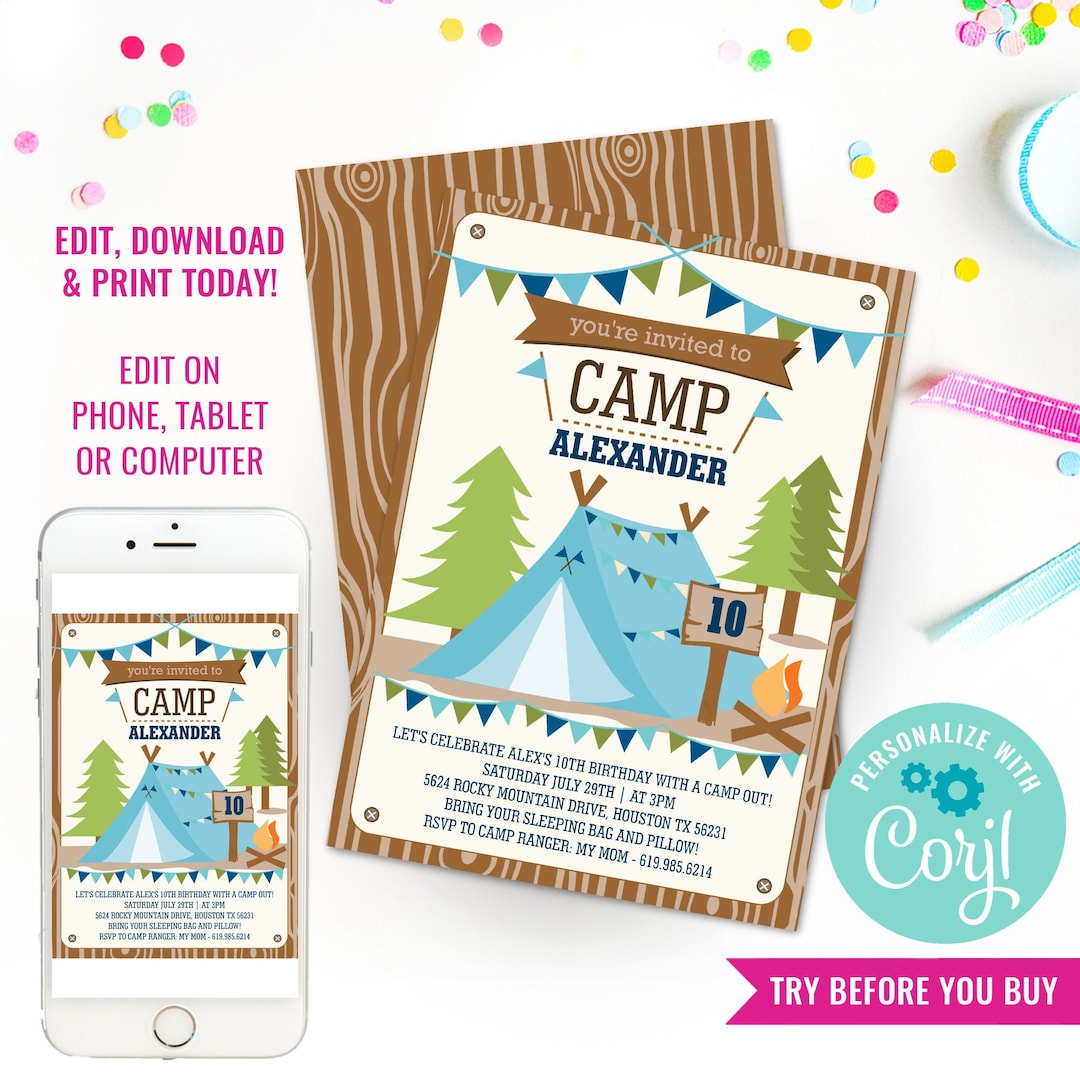 Boy Birthday Party Camping Invitation Summer Backyard Campout Party ...